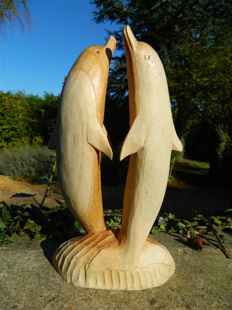 Wooden Dolphin Fish Carving - Dancing Dolphins - 30cm - OnTradeWinds.co.uk