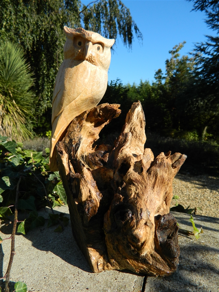 Wooden Owl Carving - Horned Owl on Root Wood - OnTradeWinds.co.uk