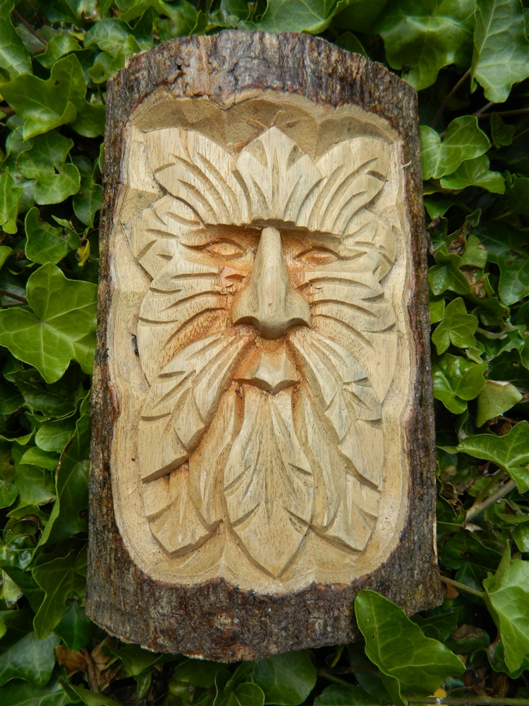 Wooden Green Man Carving - Hand Carved Half Tree Log - Man Of The Woods ...
